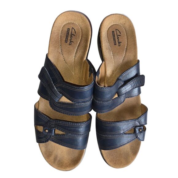 Clarks | Shoes | Clarks Navy Blue Leather Comfort Slides Sandals 95 ...